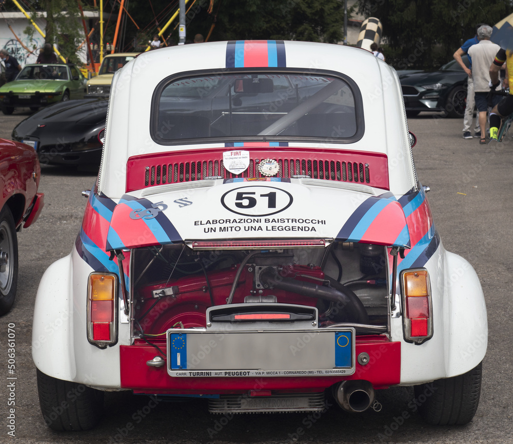 Rear Fiat Abarth 695 vintage 1960s sports car. Metropolitan city Milan ...