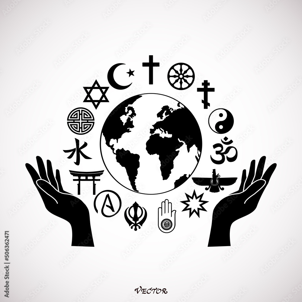 World Religious Symbols with Open Hands and Earth Globe Silhouette ...