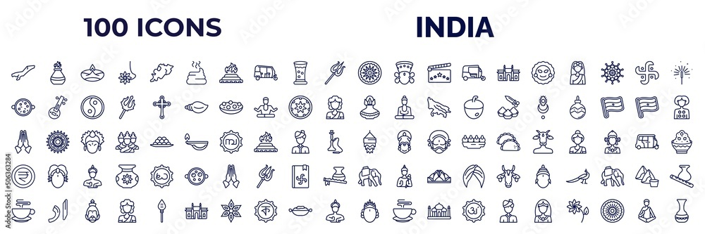 set of 100 india web icons in outline style. thin line icons such as ...