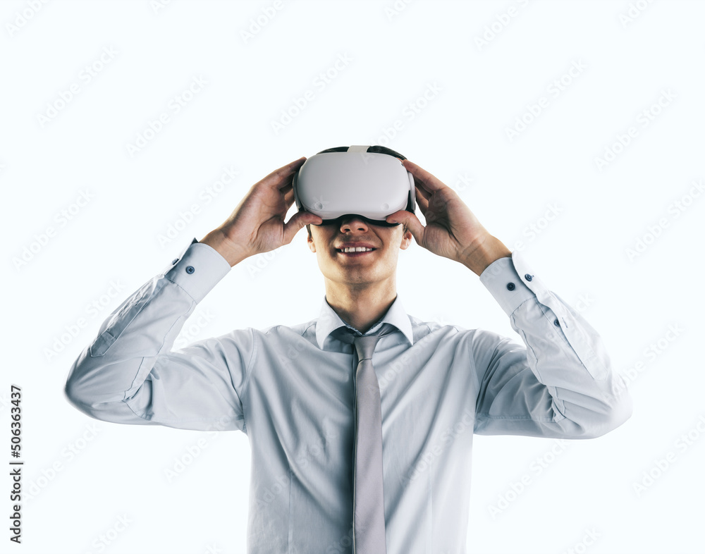 Virtual reality concept with young businessman gets new emotions in VR ...