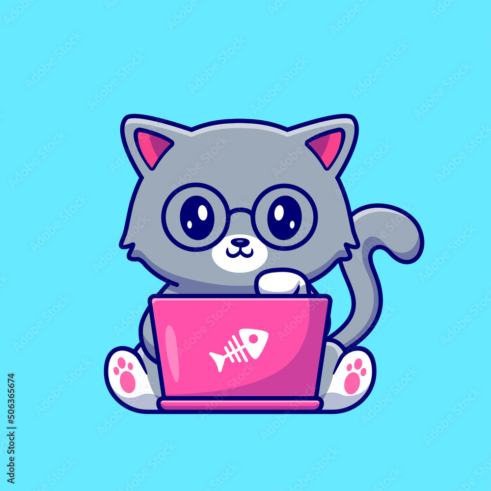 Cute Cat Working On Laptop Cartoon Vector Icon Illustration. Animal ...