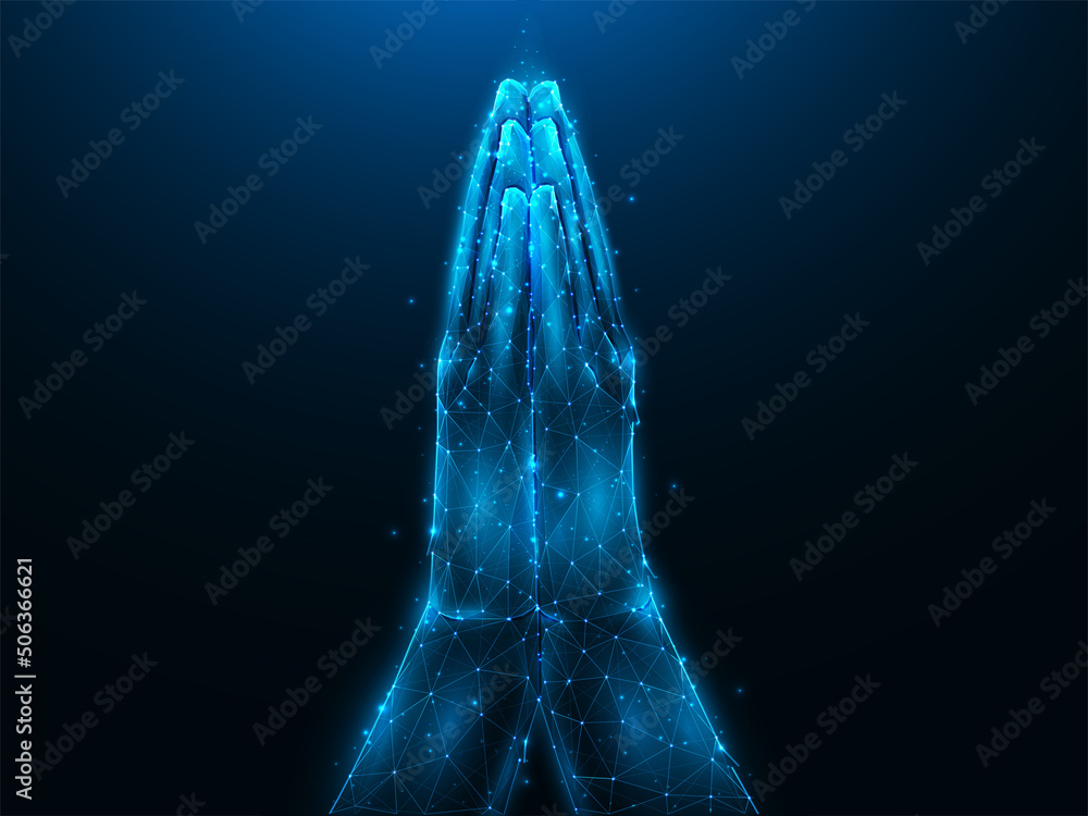 Polygonal vector illustration of praying hands on dark blue background ...