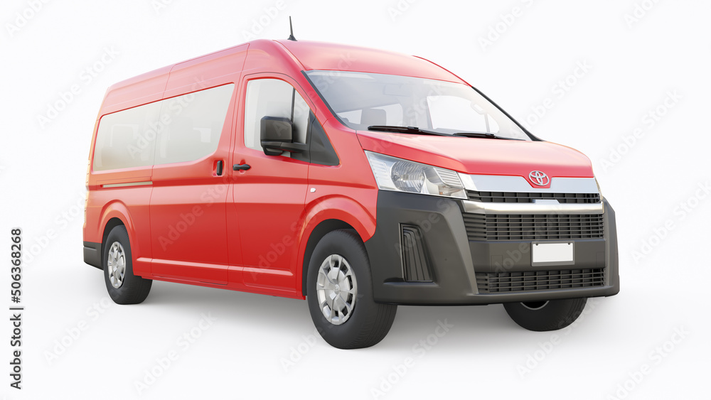 Tokyo, Japan. April 10, 2022: Toyota Hiace. Red passenger minibus for ...