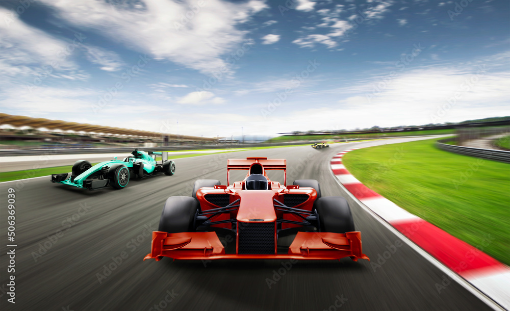 Motorsport cars racing on race track with motion blur background ...