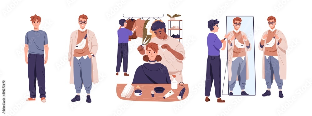 Man makeover, image transformation, before and after. Person changing ...