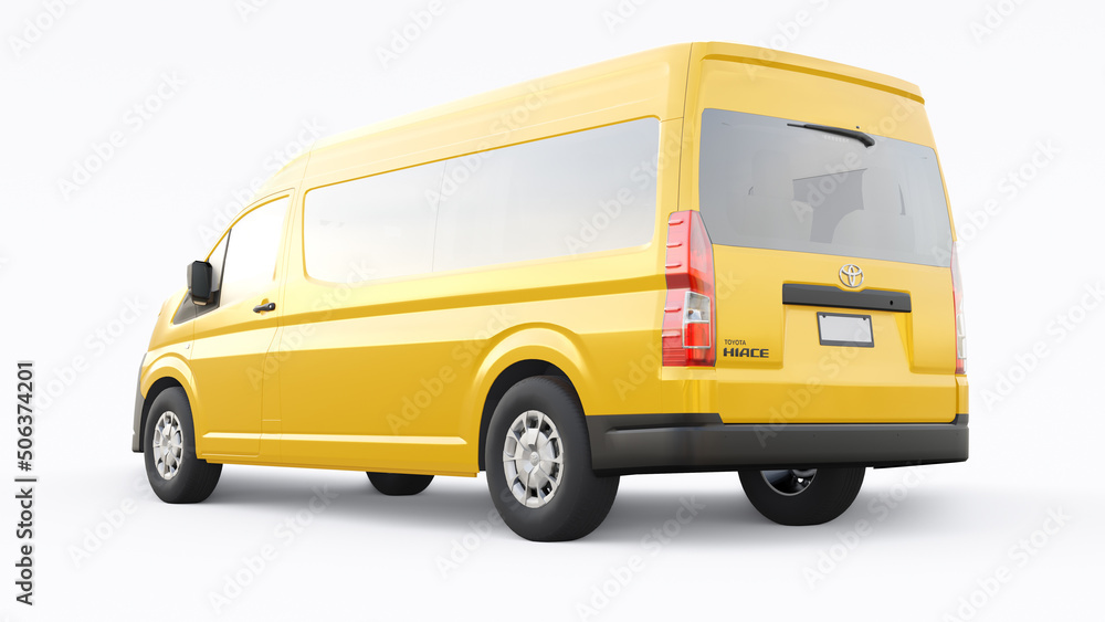 Tokyo, Japan. April 10, 2022: Toyota Hiace. Yellow passenger minibus ...
