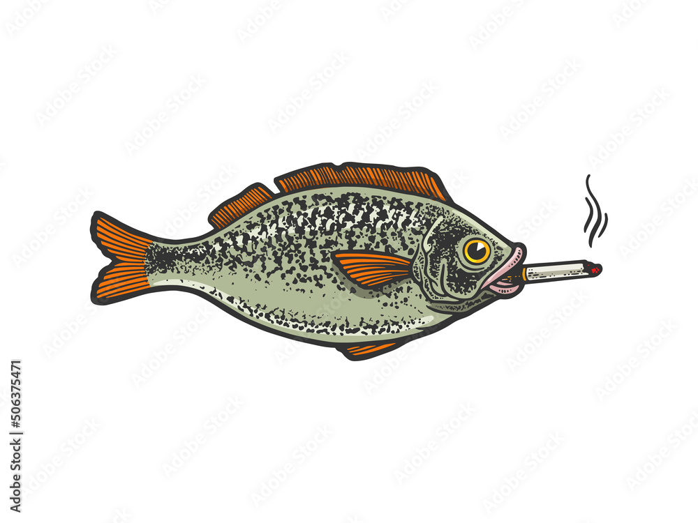 fish smokes cigarette color sketch engraving raster illustration. T ...