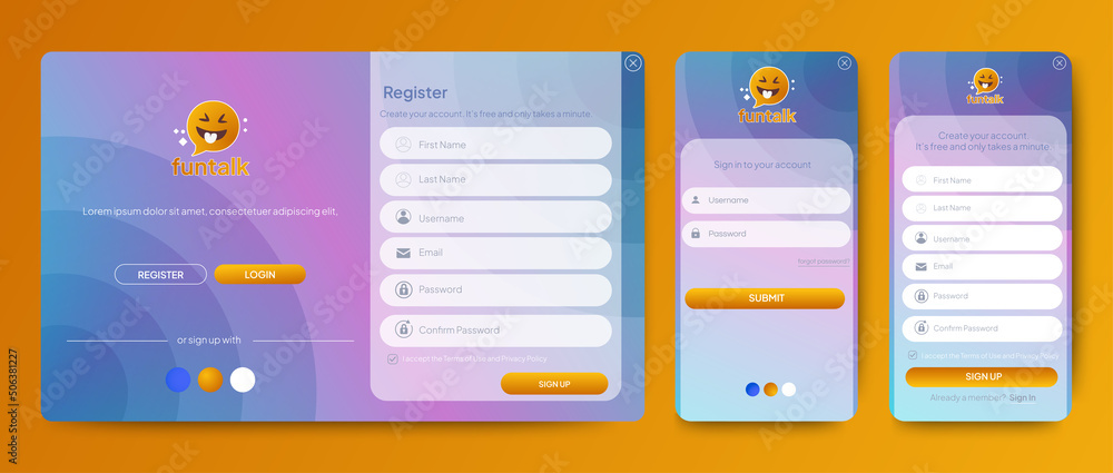 Set of Sign Up and Sign In forms. Blue gradient background with modern ...