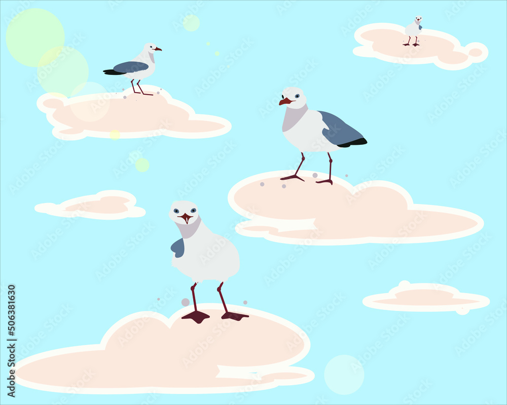 Cartoon cute gulls. Vector illustration of funny seagulls. Blue ...