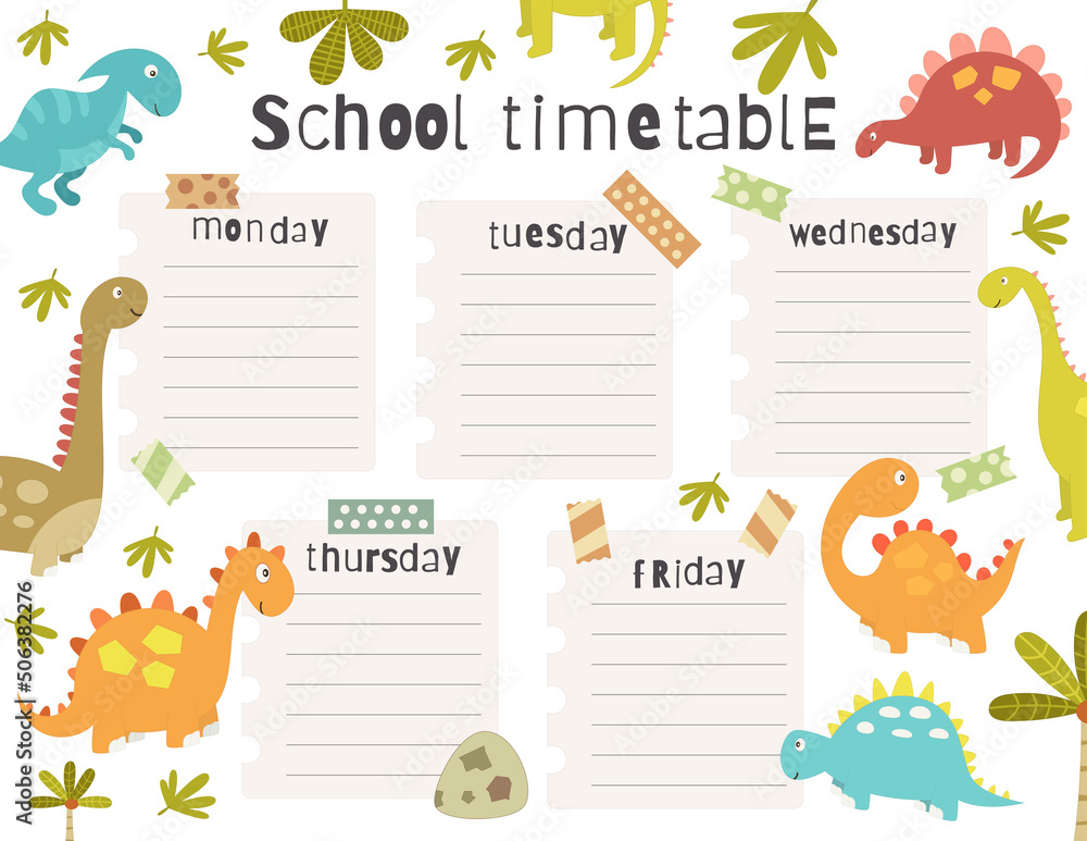 Dinosaurs School Timetable, Lesson Schedule template. Vector ...