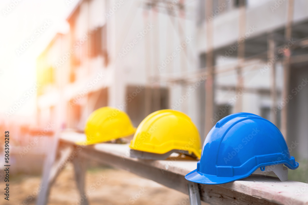 Safety Construction Worker Hats Blue, white, yellow, orange. Teamwork ...