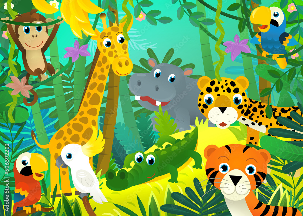 cartoon scene with jungle animals together illustration Stock ...