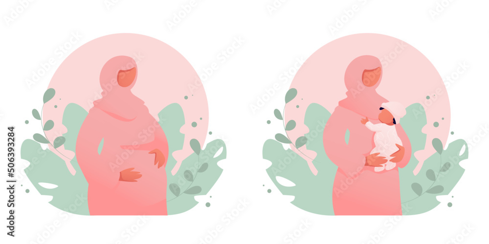 Muslim mother wearing hijab pregnant and holding baby in her arms on ...