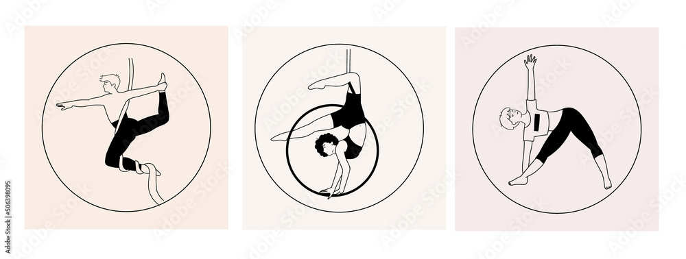 Set of various acrobatic and dance styles. Pole dance, aerial silks and ...