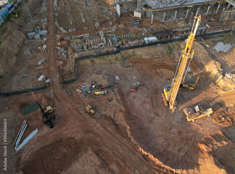 Deep foundation machine. Drilling rig and Pile driver at construction ...