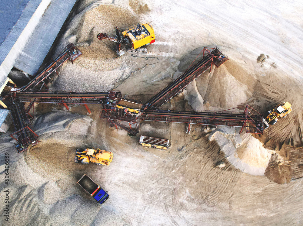 Sand Making Plant and Belt conveyor in mining quarry. Mining excavator ...