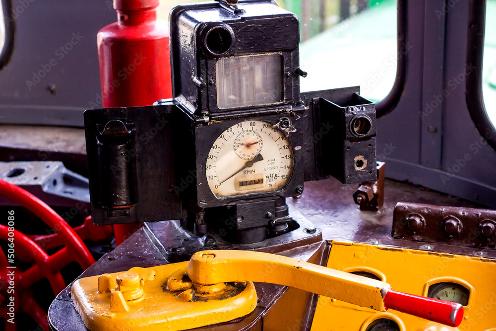 Retro control panel with speedometer of an old vintage steam train ...