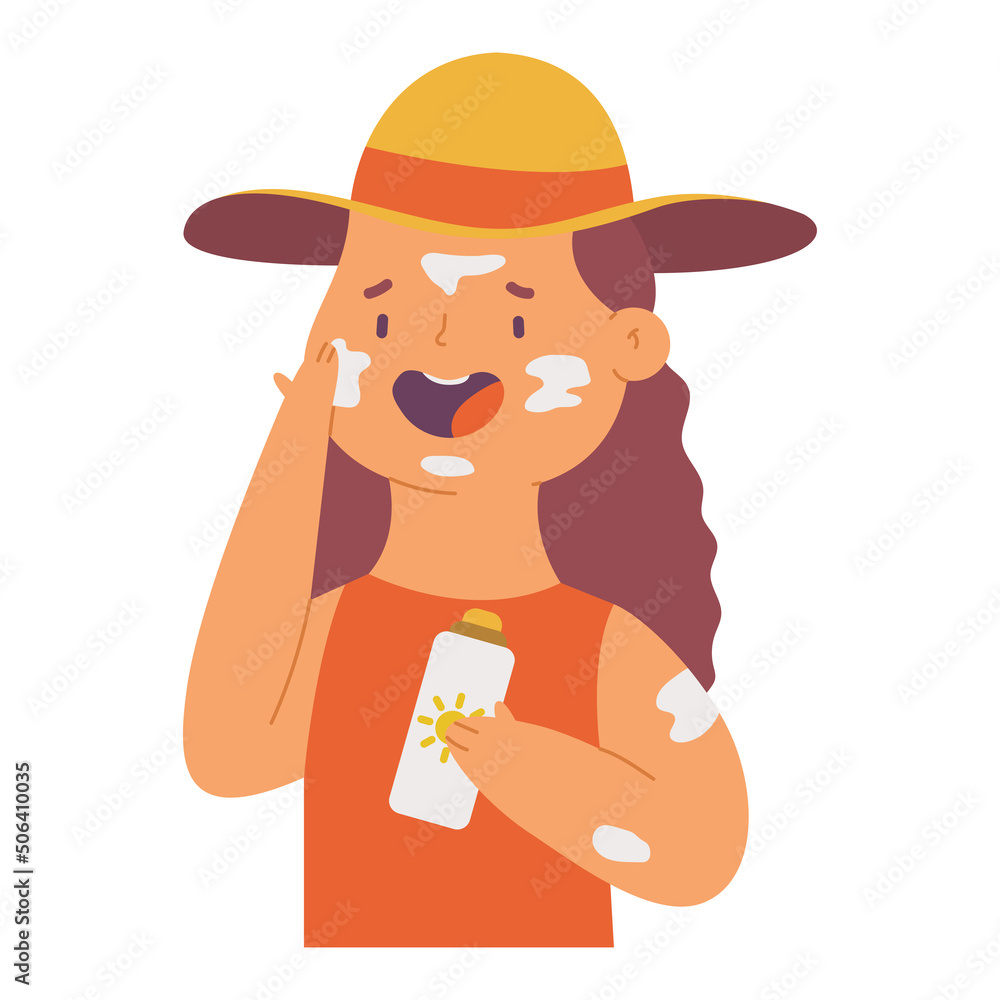Woman In Sunhat Applying Sunscreen Vector Cartoon Character Isolated On