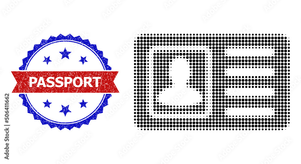 Halftone ID card icon, and bicolor dirty Passport watermark. Halftone ...