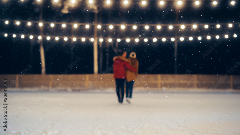Romantic Winter Snowy Evening: Ice Skating Couple Having Fun, Step on ...