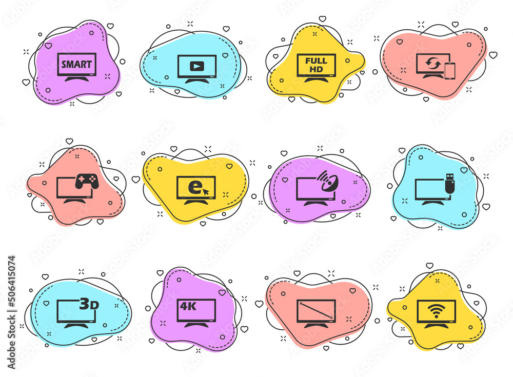 smart tv glyph vector icons on color bubble shapes isolated on white ...