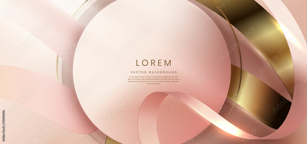 Abstract 3d gold curved ribbon on rose gold background with lighting ...