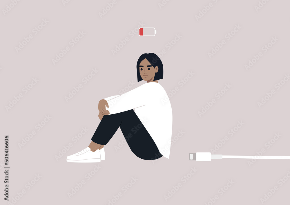 Body budget, a low battery conceptual illustration, a young exhausted ...