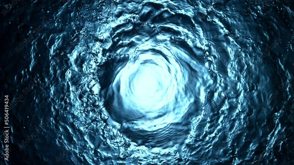 Super slow motion of splashing water twister creating tunnel shape ...