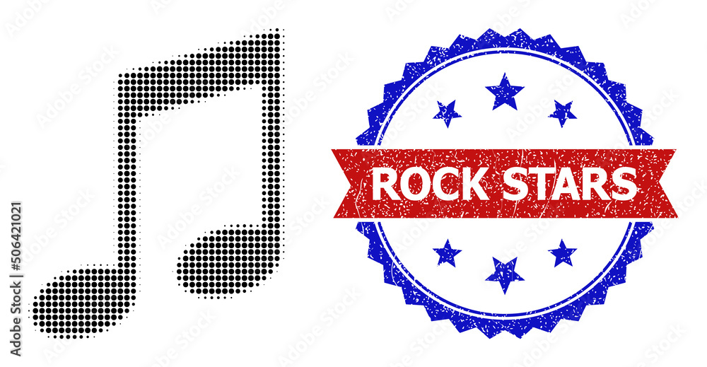 Halftone music notation icon, and bicolor scratched Rock Stars seal ...