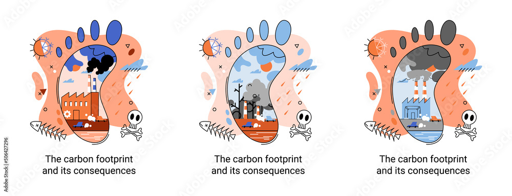 Carbon footprint and consequences metaphor. Causes of climate change on ...