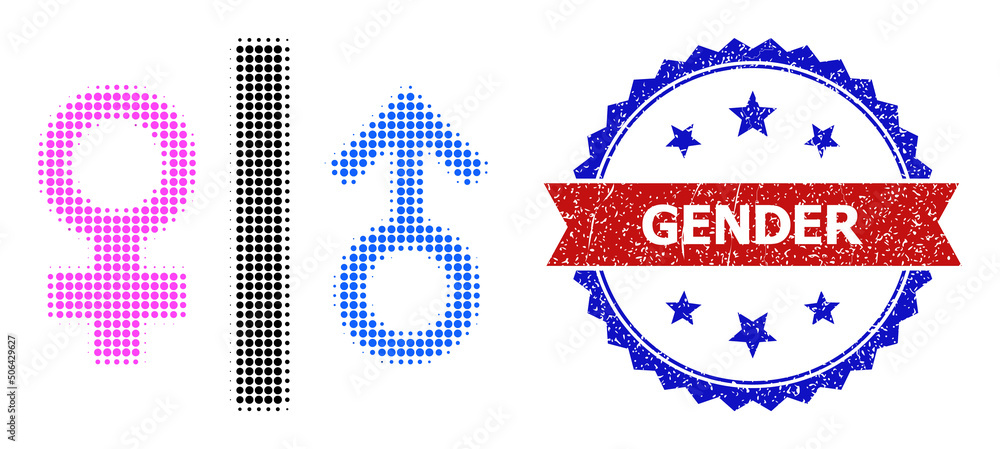 Halftone toilet gender sign icon, and bicolor scratched Gender ...