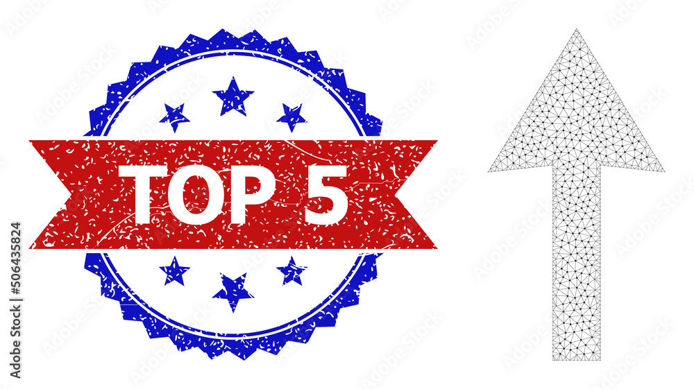 Network up arrow carcass icon, and bicolor scratched Top 5 stamp. Mesh ...