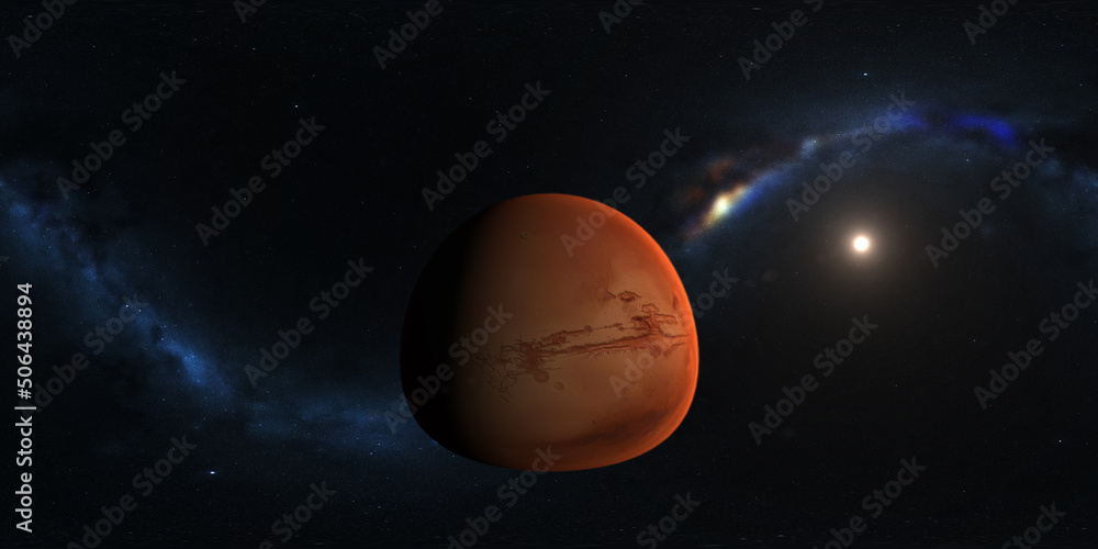 360 degree space background with Planet Mars near the Sun ...