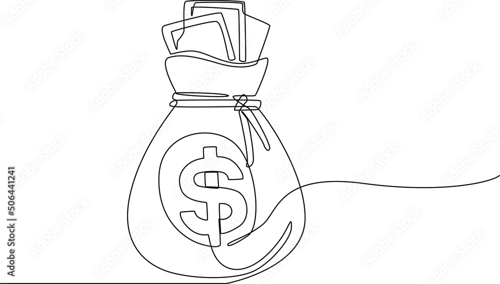 Continuous line drawing of money bag in dollars. Finance and Investment ...