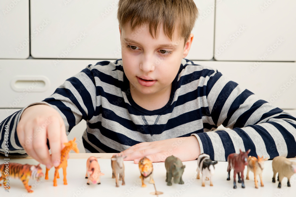 kid plays with plastic figurines of animals. Protection of animals ...