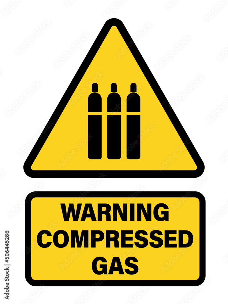 Warning compressed gas, yellow triangle shape sign with gas cylinders ...