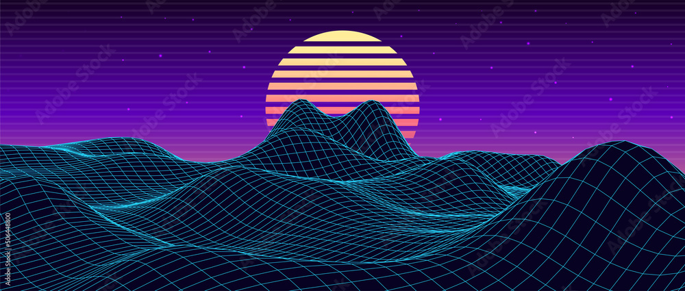 Retro fantastic background of the 80s. Vector mountain wireframe ...