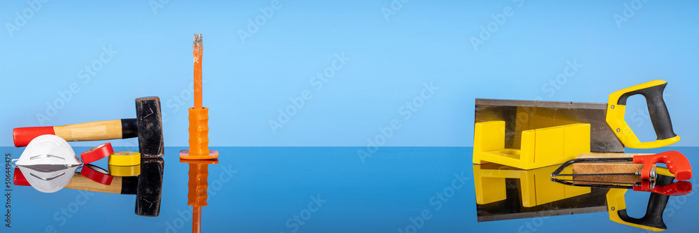 Hand tools, hammer, chisel, electrical tape, saw and hacksaw. Concept ...