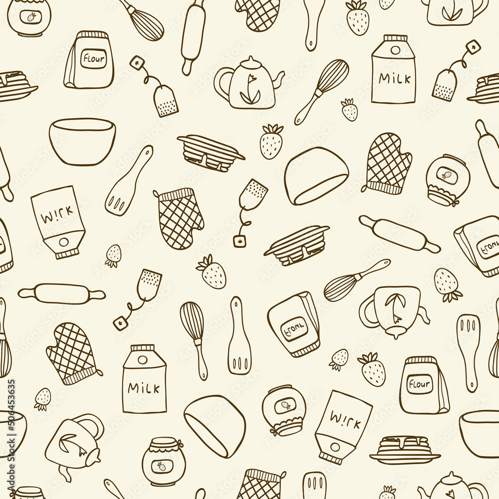 Vector seamless pattern with hand drawn food and kitchen items in ...