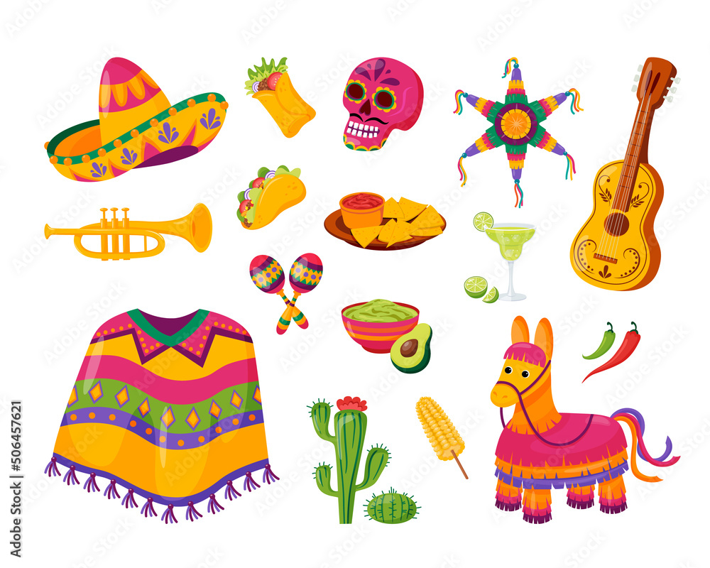Mexico icons carnival holidays vector party festival symbols and travel ...