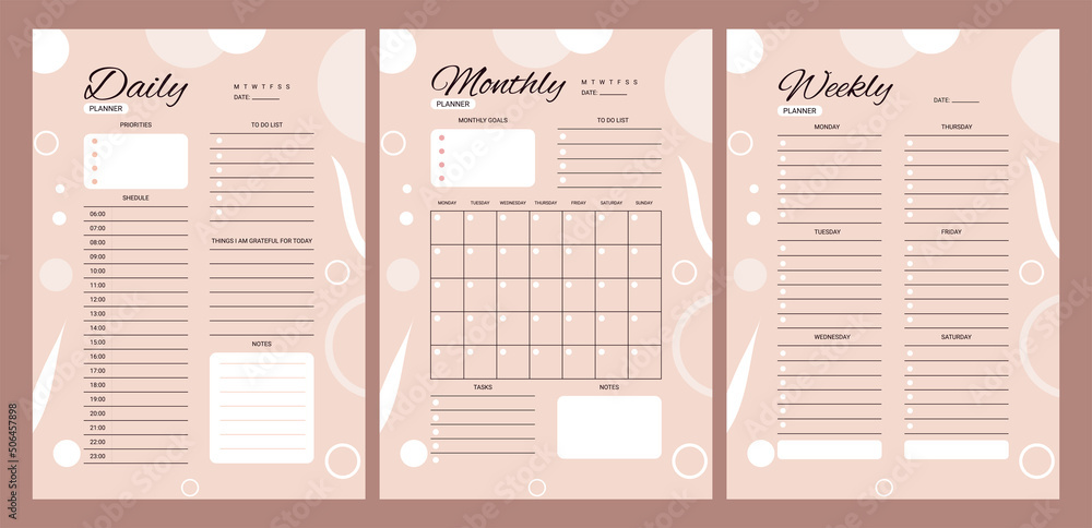 Set of Daily Weekly Monthly planner printable template Vector. Blank ...