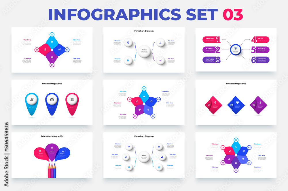 Set of the infographic elements. Flowcharts, cycle diagrams, pencils ...