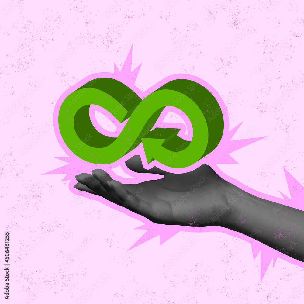 Contemporary art collage. Human hand holding arrow, symbol of circular ...