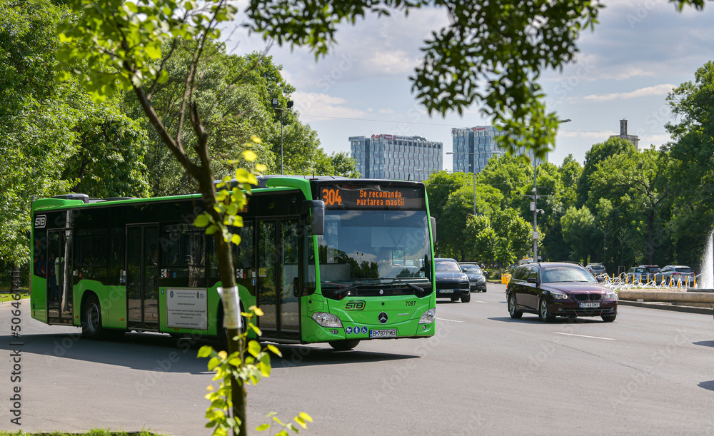 Public bus transportation in Bucharest. A hybrid eco-friendly Mercedes ...
