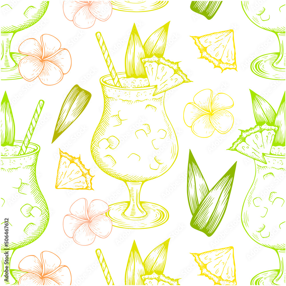 Sketch drawing pattern of Pina Colada cocktail on white background ...