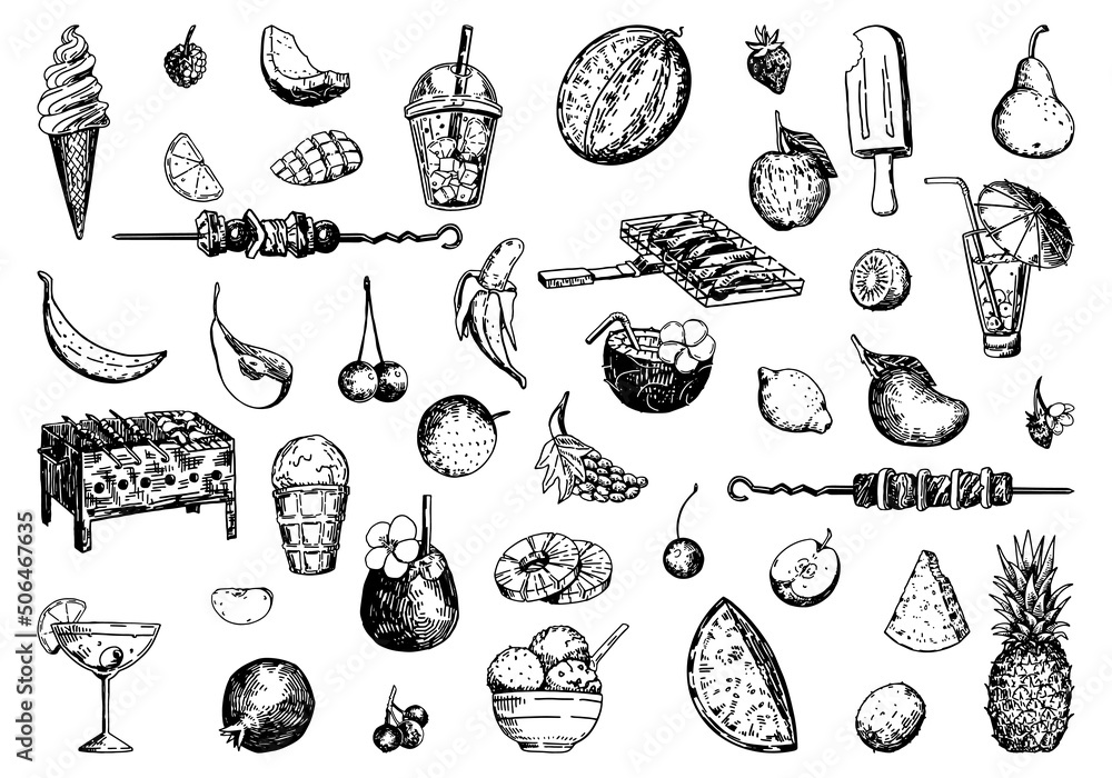 Summer food sketches collection. Drawings set of barbecue, fruits ...