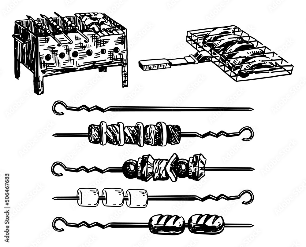Barbecue sketches collection. Drawings of grill, skewers, meat. Hand ...