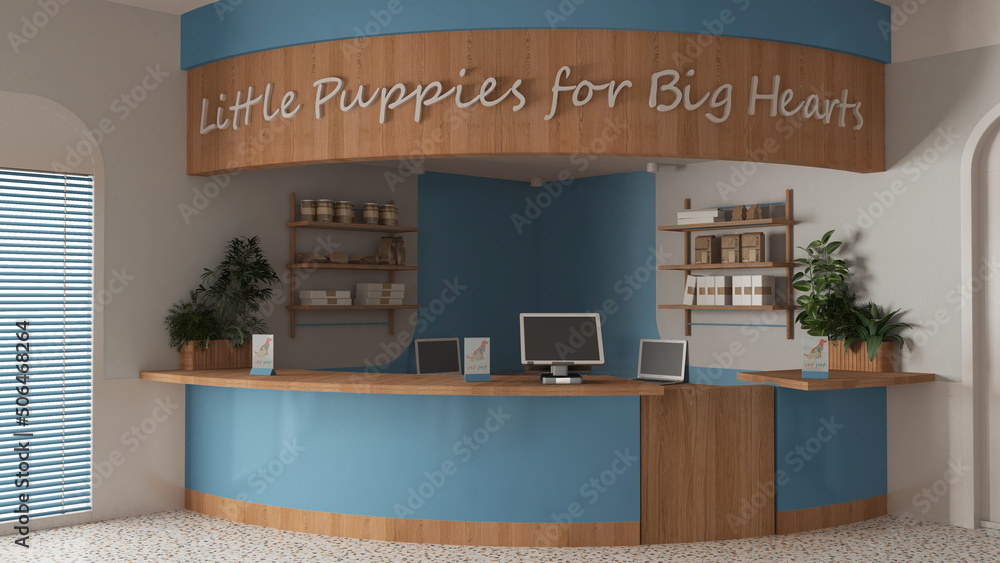 Veterinary clinic reception desk in blue and wooden tones. Shelves with ...