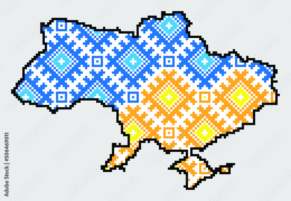 Ukraine map in traditional embroidery pattern colors - blue, yellow ...