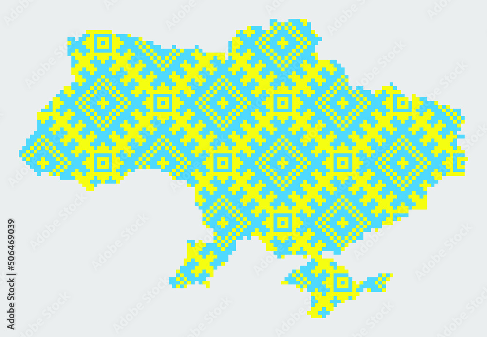 Ukraine map in traditional embroidery pattern colors - blue, yellow ...
